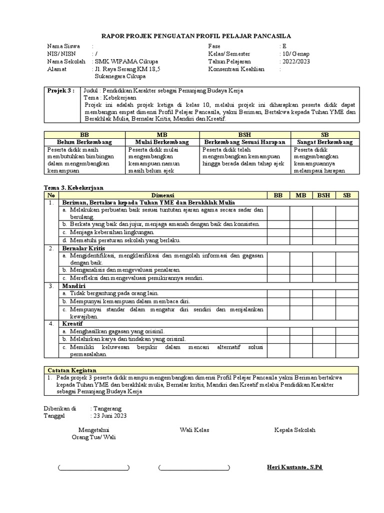 Format Rapor P5 Kelas 10 Genap | PDF