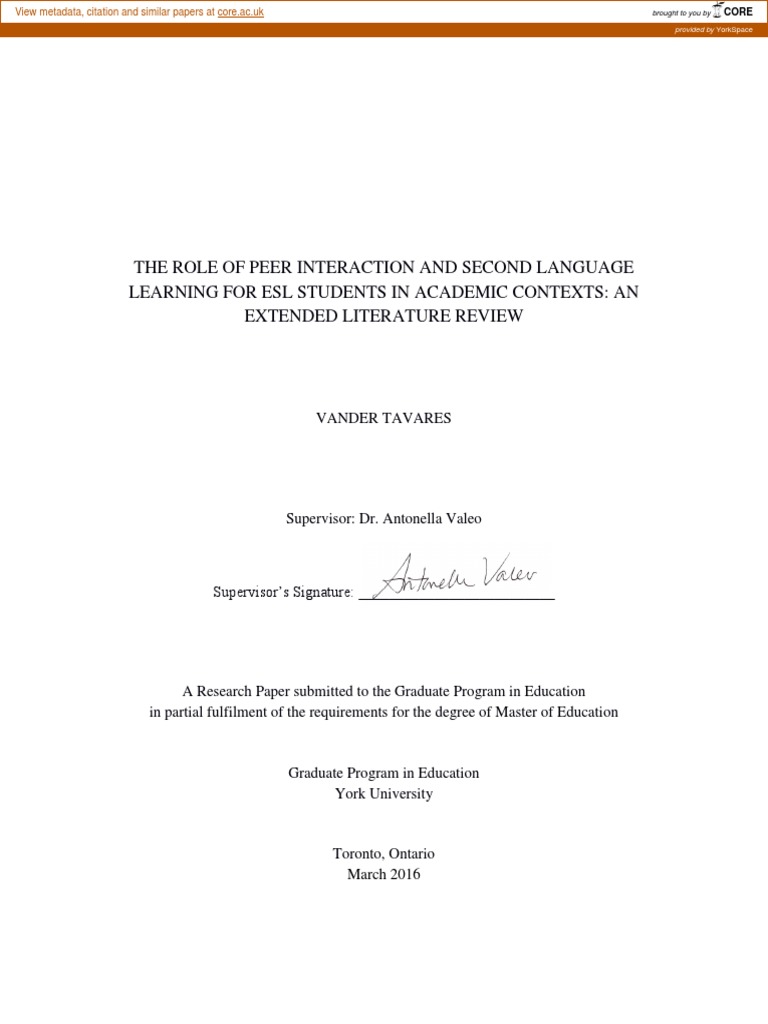 The Role of Peer Interaction and Second Language Learning For Esl Students in Academic Contexts ...