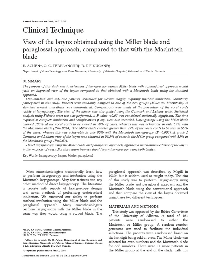 View of The Larynx Obtained Using The Miller Blade and Paraglossal ...
