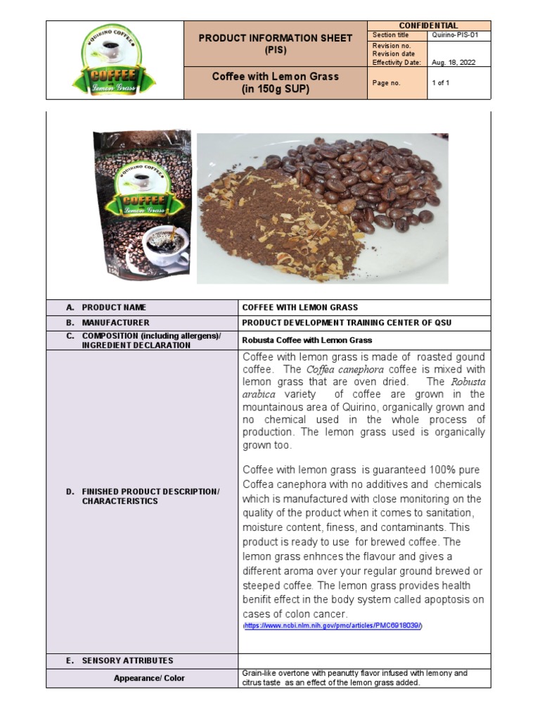 Coffee Product Information Sheet | Download Free PDF | Coffee | Nutrition