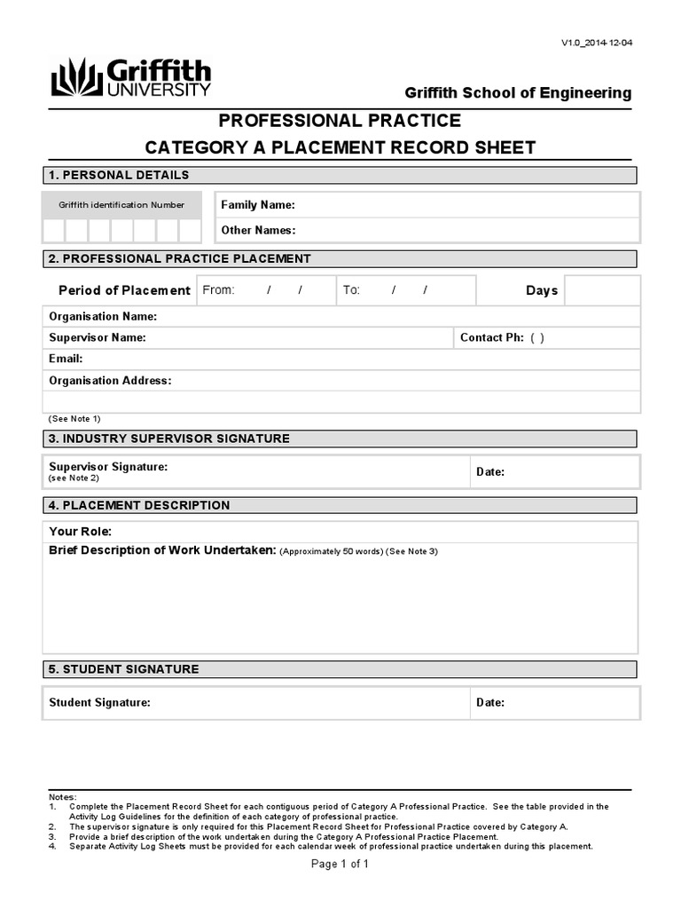 Category A Placement Record Sheet | PDF
