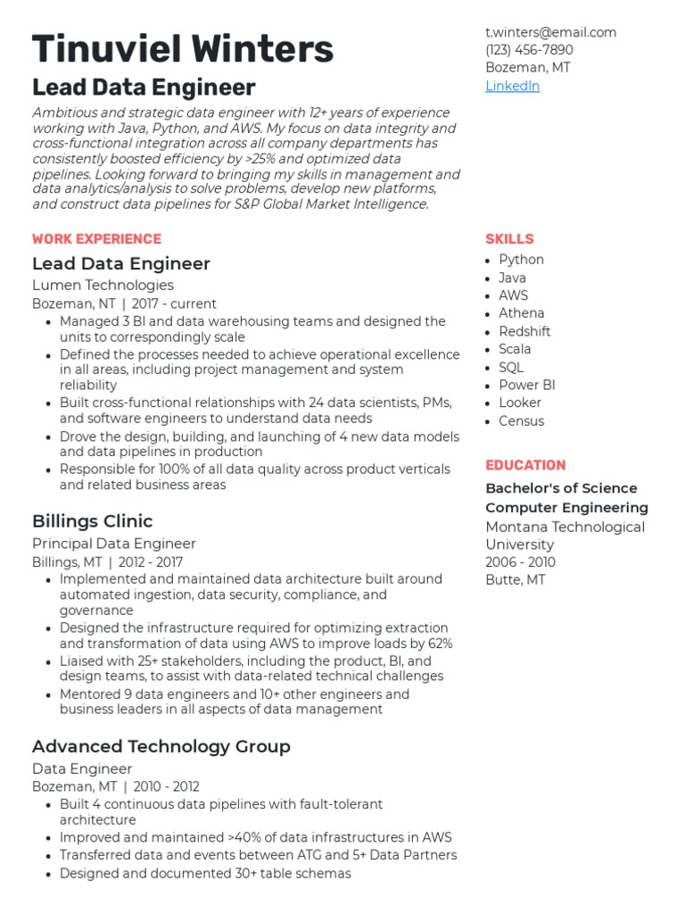 Lead Data Engineer Resume Example | PDF | Data | Amazon Web Services
