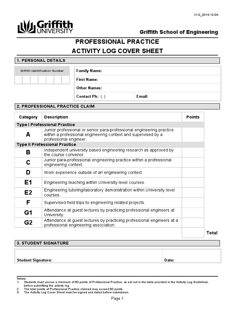 Professional Practice Activity Log Cover Sheet | PDF | Science ...