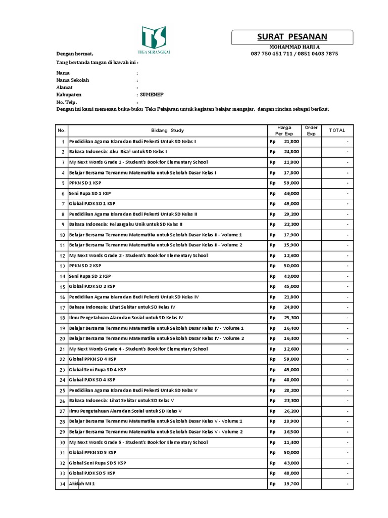 FORM Surat Pesanan MI SD 2023 FULL | PDF