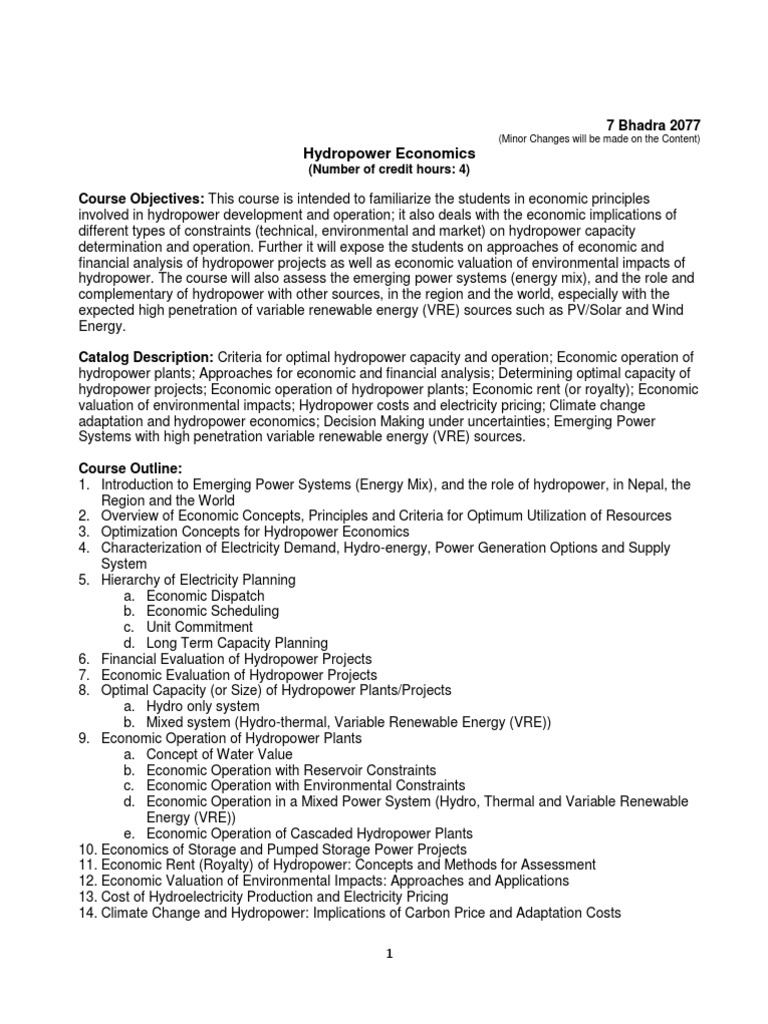 3rd Sem 1 Sub 1 Project Hydropower Economics Course Outline Download Free Pdf