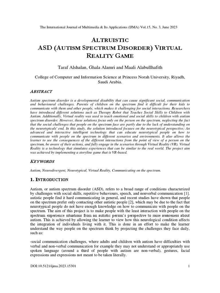 Altruistic Asd (Autism Spectrum Disorder) Virtual Reality Game | PDF ...