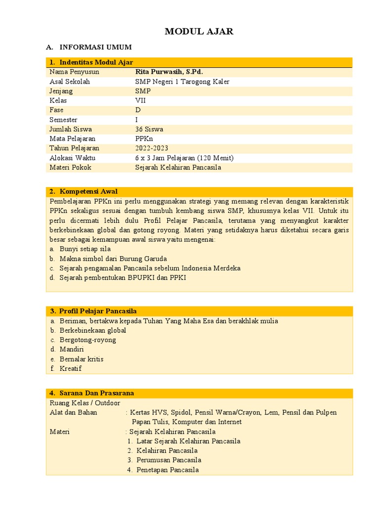 MODUL AJAR Bab 1 Kelas 7 2022-2023 Kurikulum Merdeka | PDF