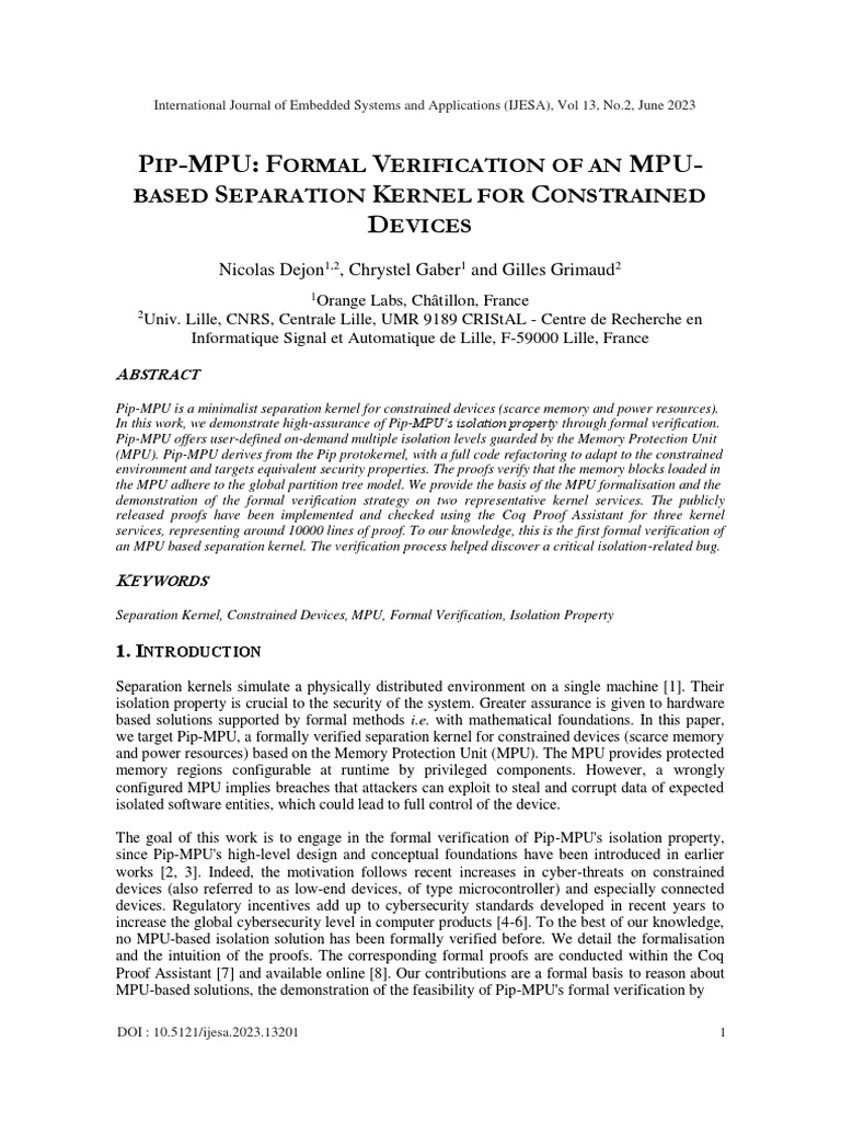 Pip-Mpu: Formal Verification of An Mpubased Separation Kernel For Constrained Devices | PDF ...