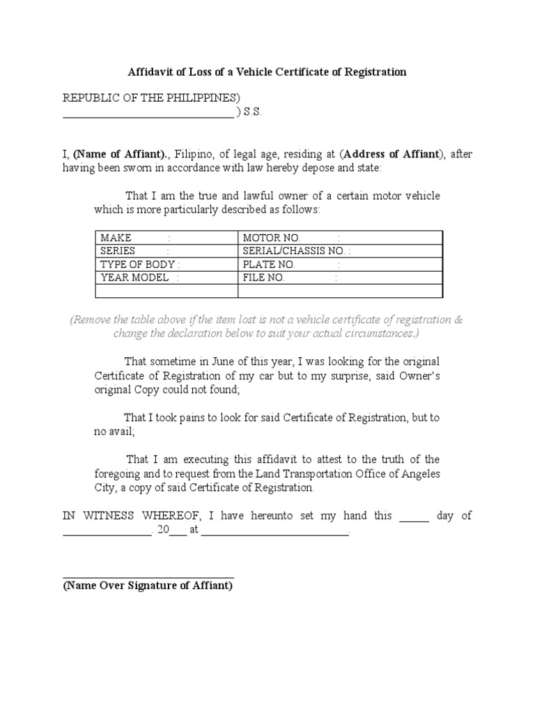 Affidavit of Loss of A Vehicle Certificate of Registration | PDF