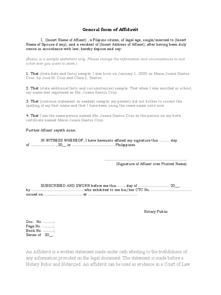 General Affidavit Form Template | PDF | Affidavit | Judiciaries