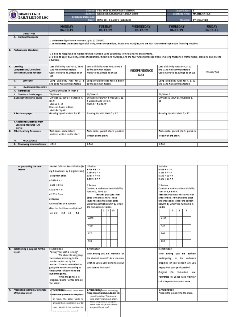 DLL - Mathematics 5 - Q1 - W2 | PDF | Cognitive Science | Behavior Modification