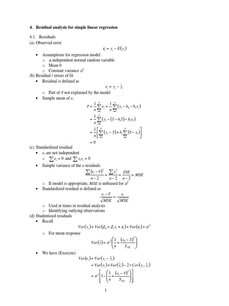 Residual Analysis For Simple Linear Regression: X B B y N e N e | Download Free PDF | Errors And ...