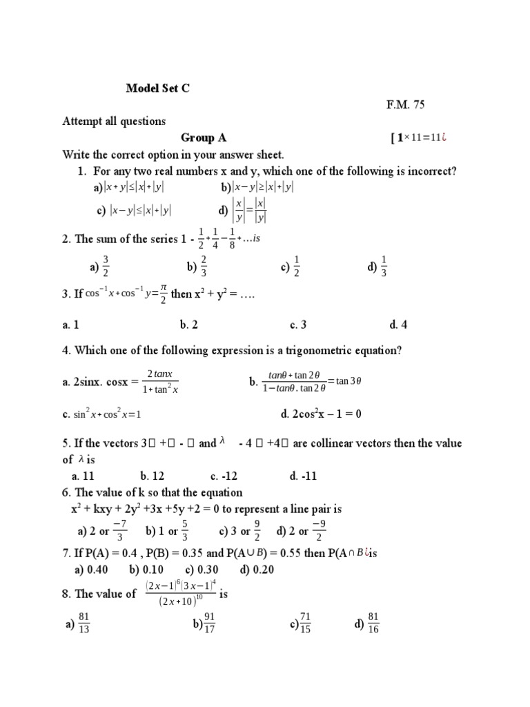 Grade-11 Mathematics, Model Set C | PDF | Mathematics | Mathematical Analysis