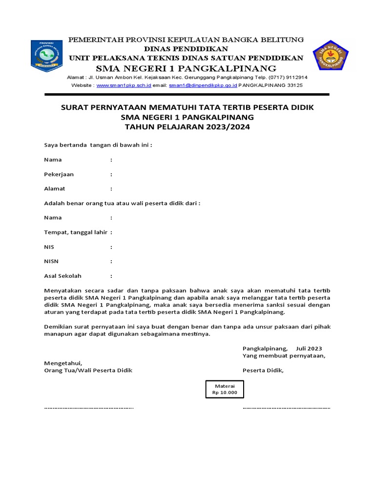Surat Pernyataan Mematuhi Tata Tertib Peserta Didik | PDF