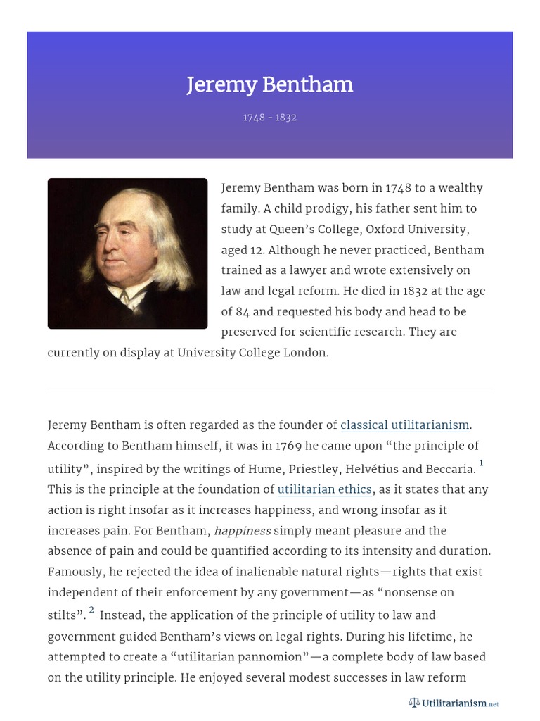 Jeremy Bentham: Founder of Utilitarianism | PDF | Utilitarianism ...