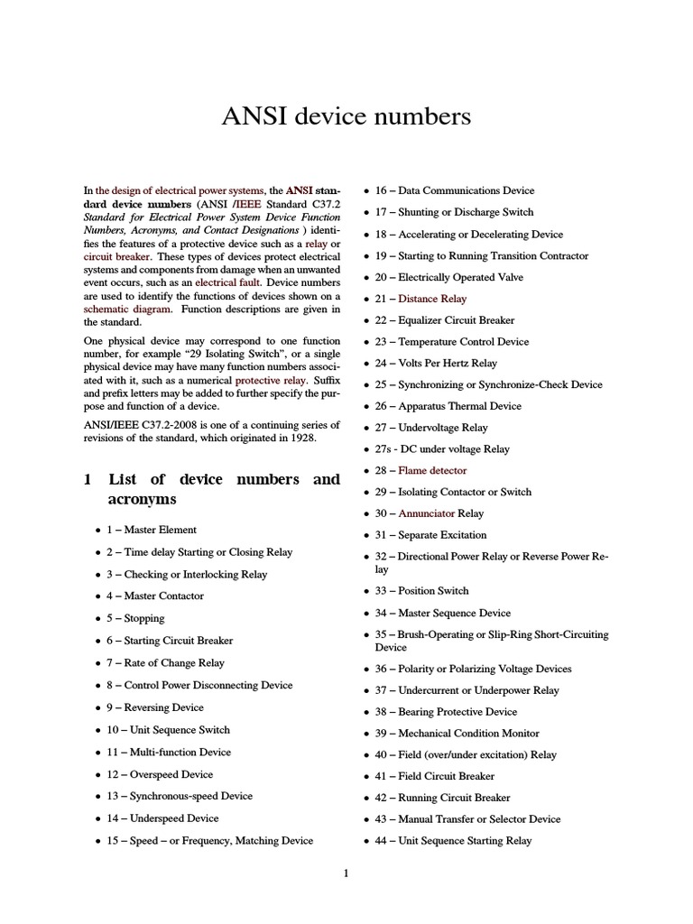 ANSI Device Numbers | PDF | Relay | Alternating Current ANSI Device Numbers | PDF | Relay | Alternating Current