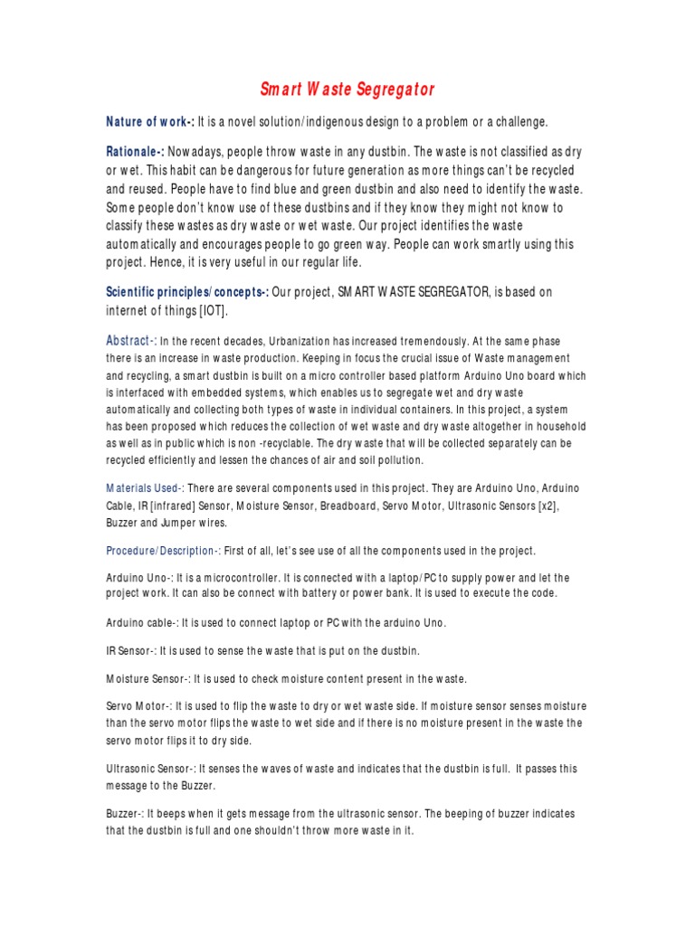 Smart Waste Segregator Project Report | PDF | Waste | Arduino