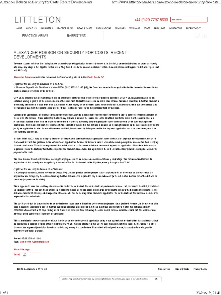 Alexander Robson On Security For Costs - Recent Developments | PDF ...