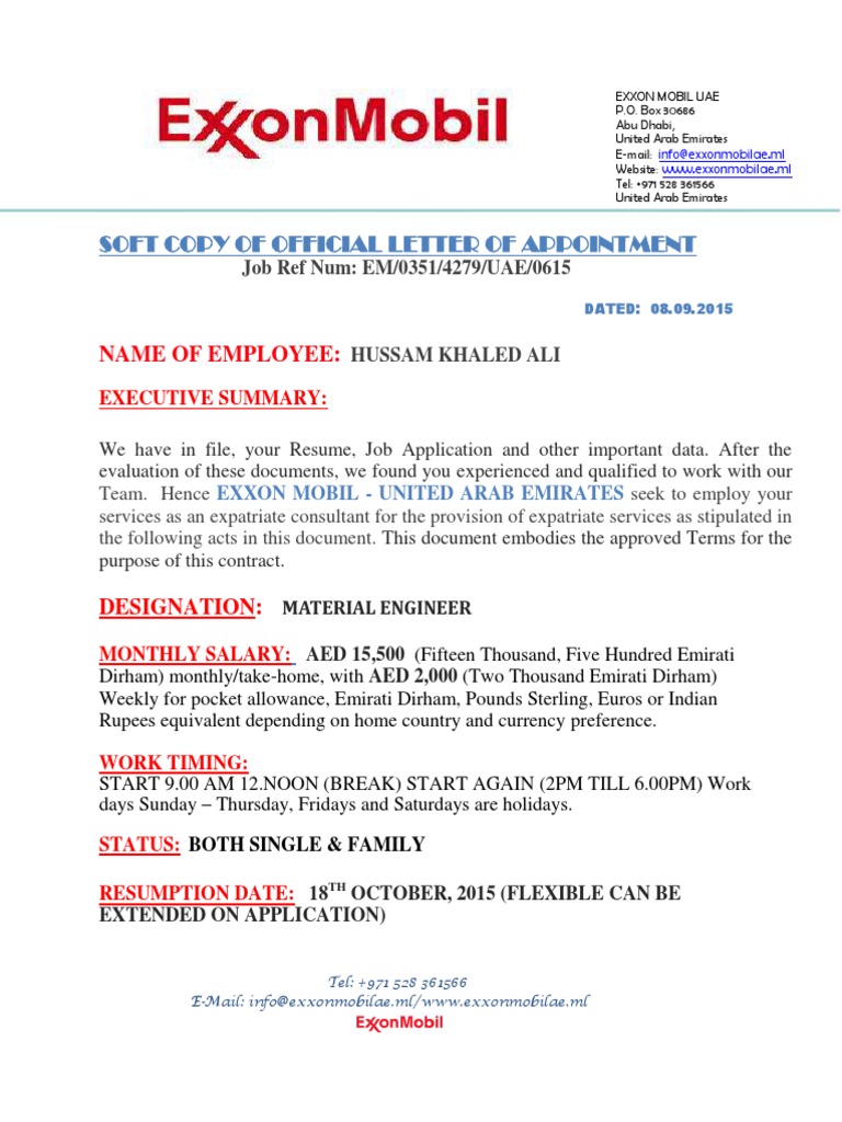 Exxon Contract Appointment Letter | PDF | Employment | United Arab Emirates