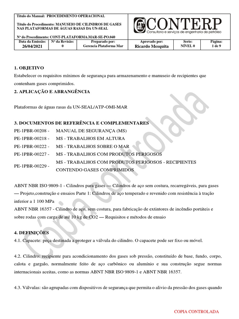 Cont-Plataforma - Mar-Se-Po.040 Manuseio de Cilindros de Gases | PDF | Pressão | Química