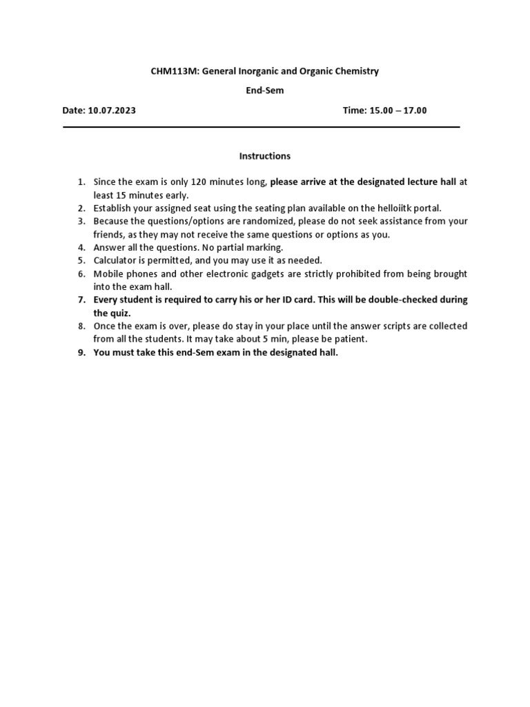 CHM 113 M - Endsem Instructions | PDF