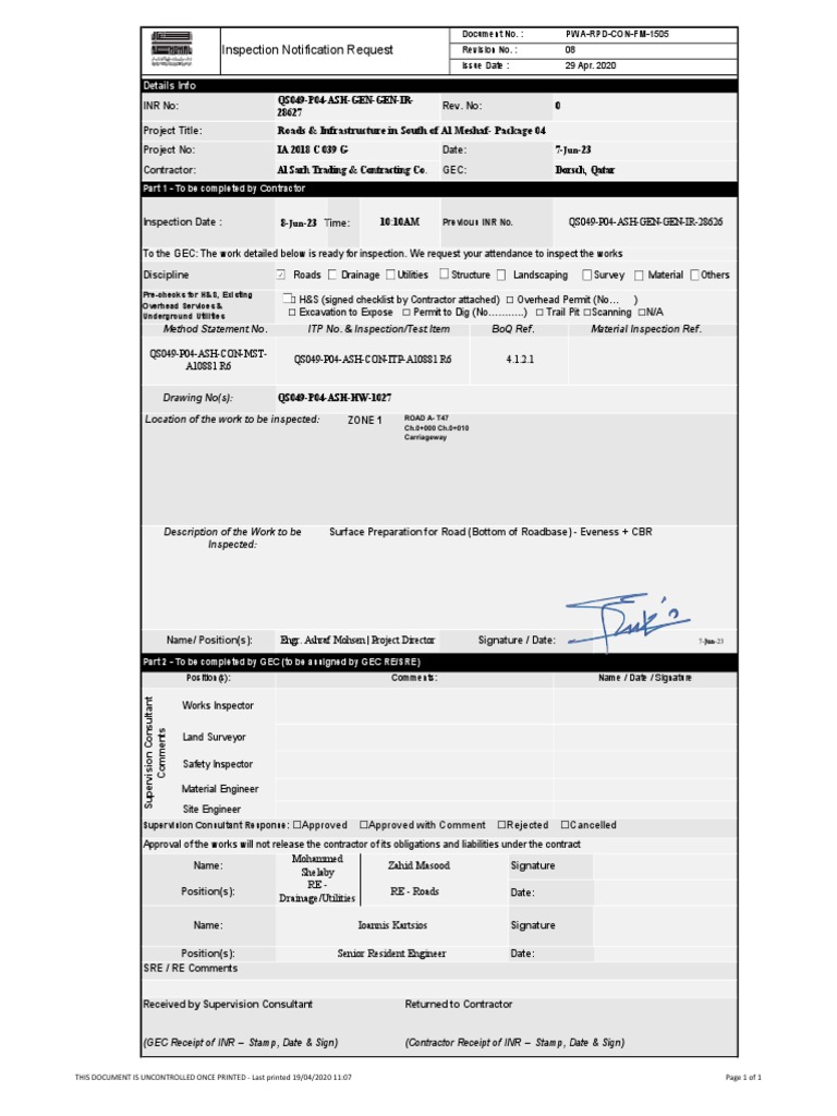 QS049-P04-ASH-GEN-GEN-IR-28627 R0-Signed | PDF | Civil Engineering