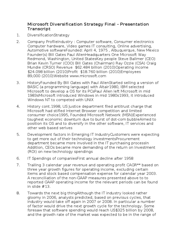 Microsoft Diversification Strategy Overview | PDF | Msn | Microsoft