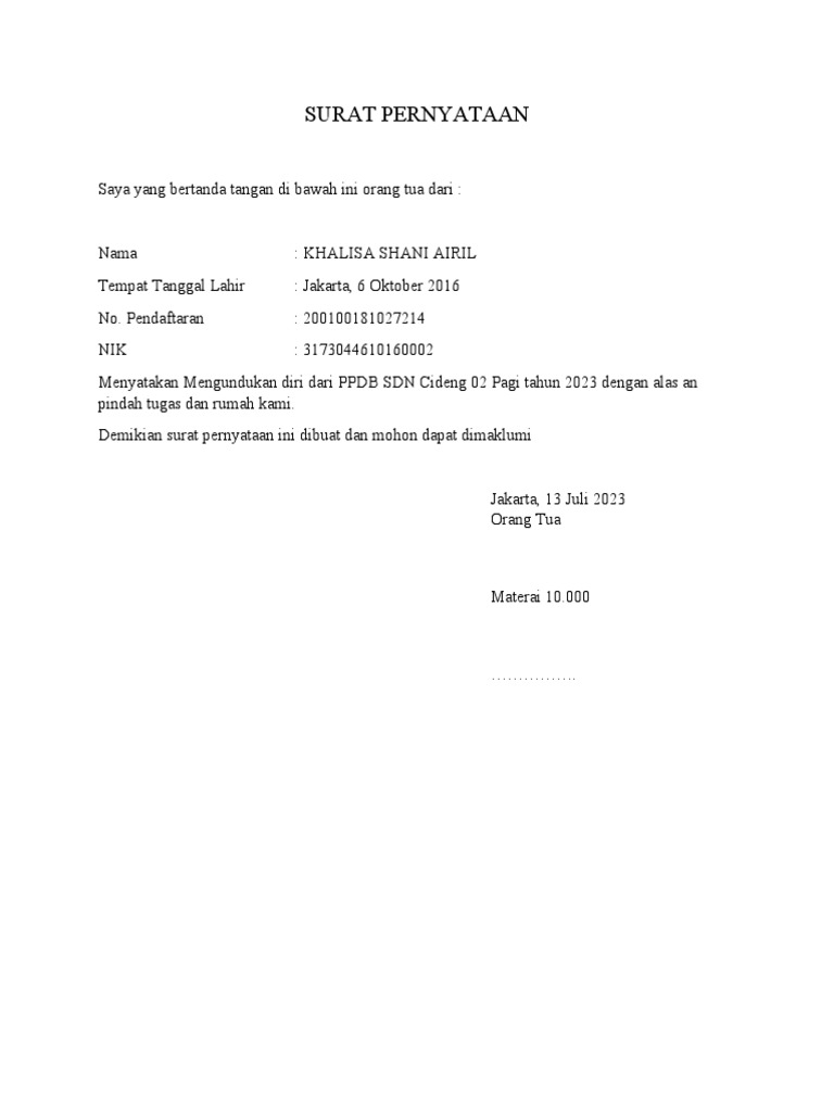 Surat Pernyataan PPDB 2023 | PDF