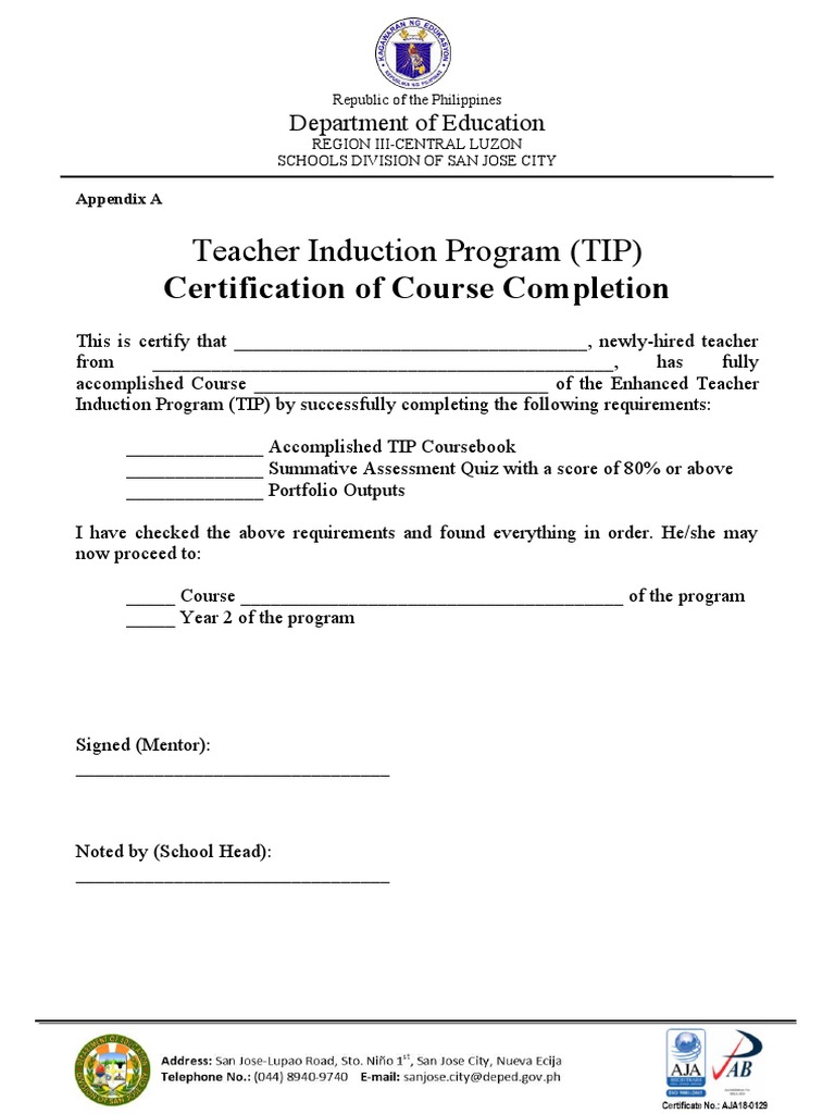 Teacher Induction Program Completion Certificate | PDF