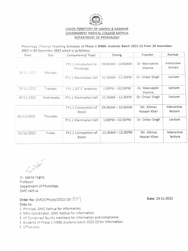 Physiology (Theory & Practical) Time Table of MBBS Batch 2022-23 | PDF