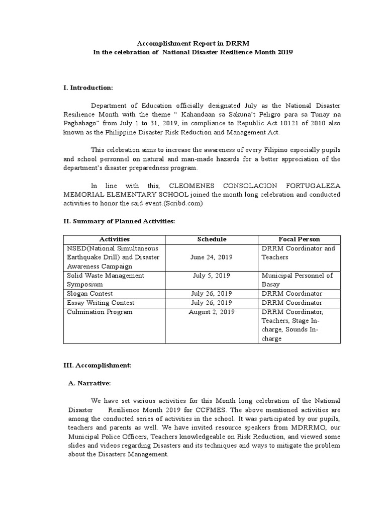 Accomplishment Report in DRRM | PDF | Emergency Management ...