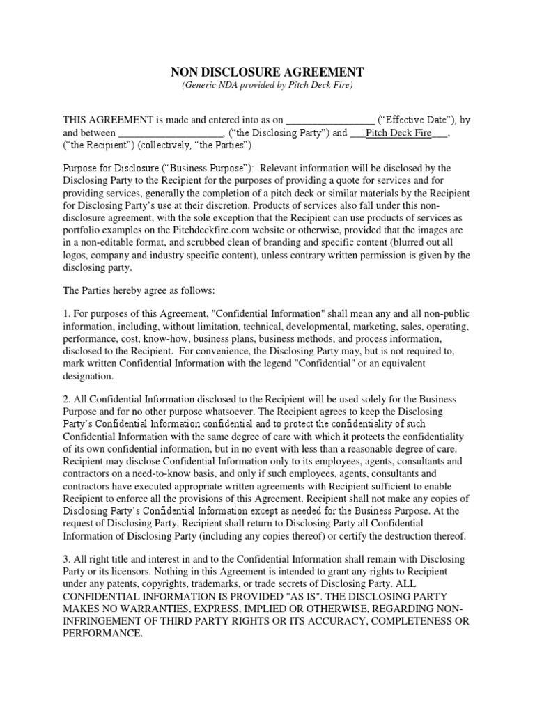 Generic NDA Pitch Deck Fire | PDF | Non Disclosure Agreement ...