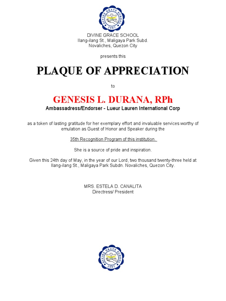 Plaques of Appreciation at Divine Grace School | PDF