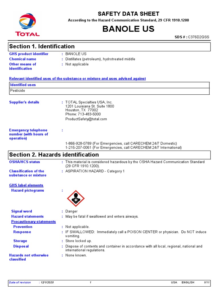 Banole Us SDS | PDF | Waste | Toxicity
