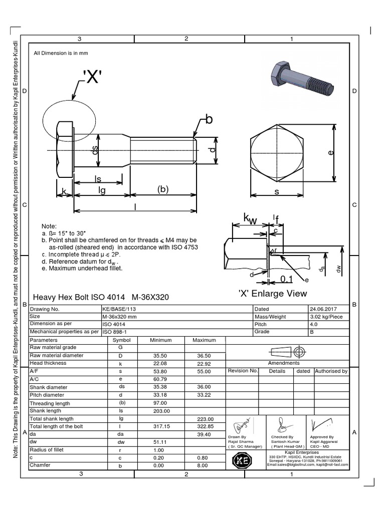 Heavy Hex Bolt ISO 4014 M-36X320 Drawing | PDF | Screw | Metalworking