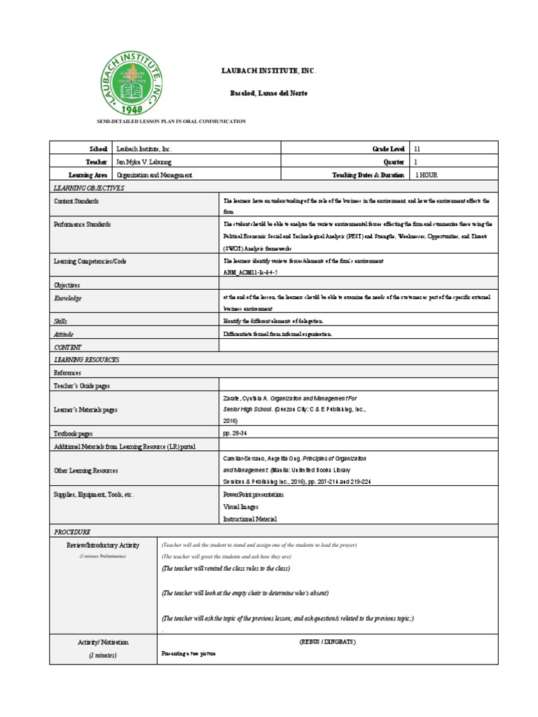 LP Organization and Management Q1 | PDF | Learning | Teachers