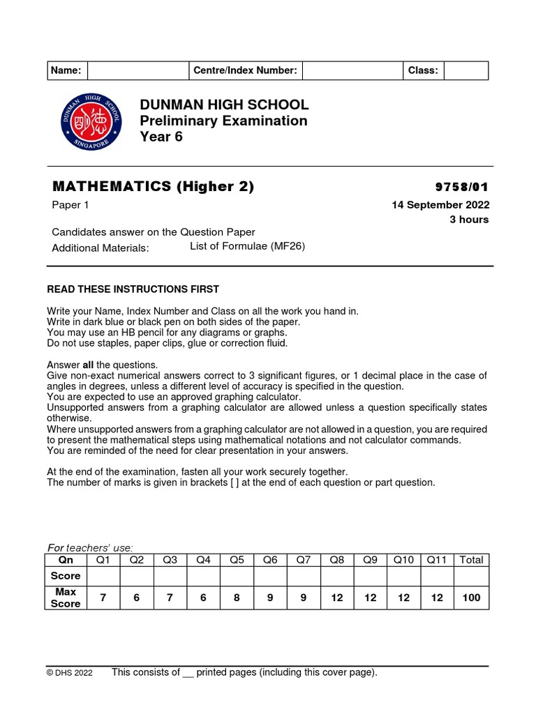 Dunman High School JC H2 Math Prelim 2022 | PDF | Intravenous Therapy ...