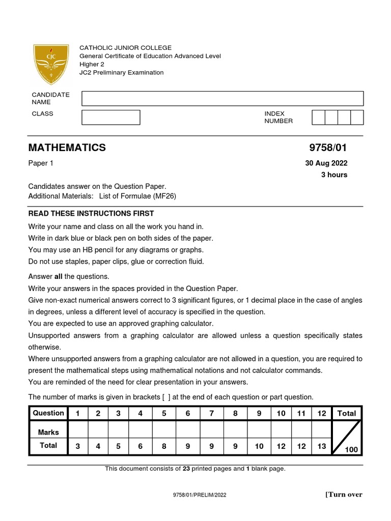 Catholic JC H2 Math Prelim 2022 | PDF | Cartesian Coordinate System ...