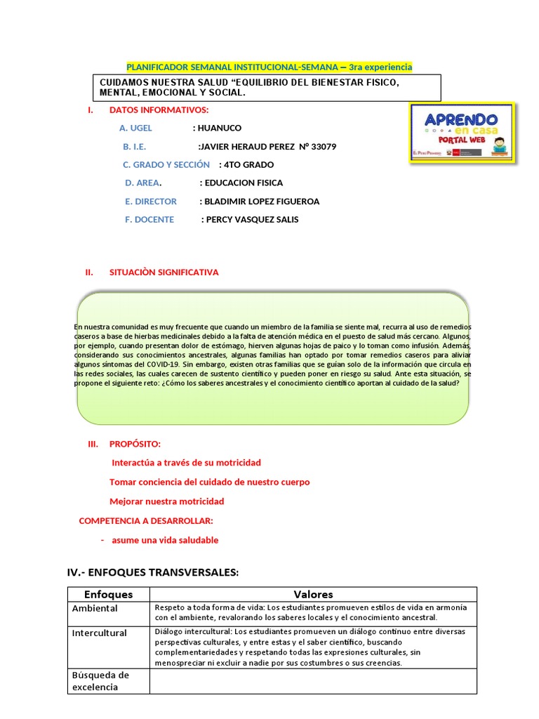 Experiencia De Aprendizaje 03 Tercer Y Cuarto Grado Pdf