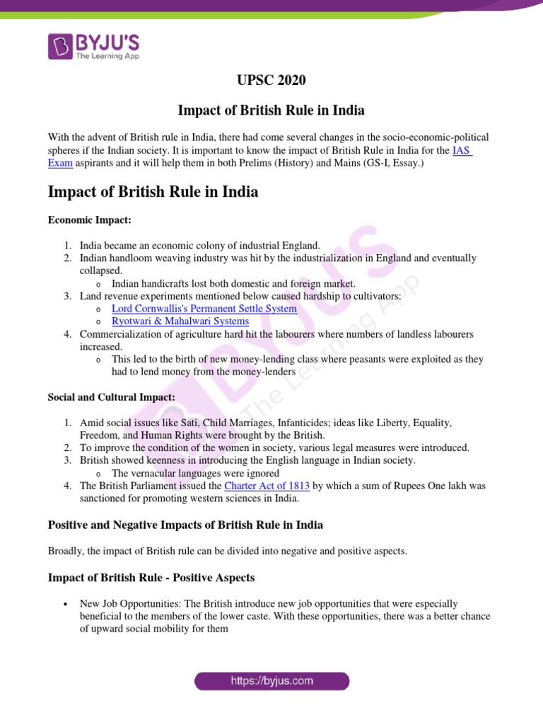 Impact of British Rule in India UPSC Notes | PDF