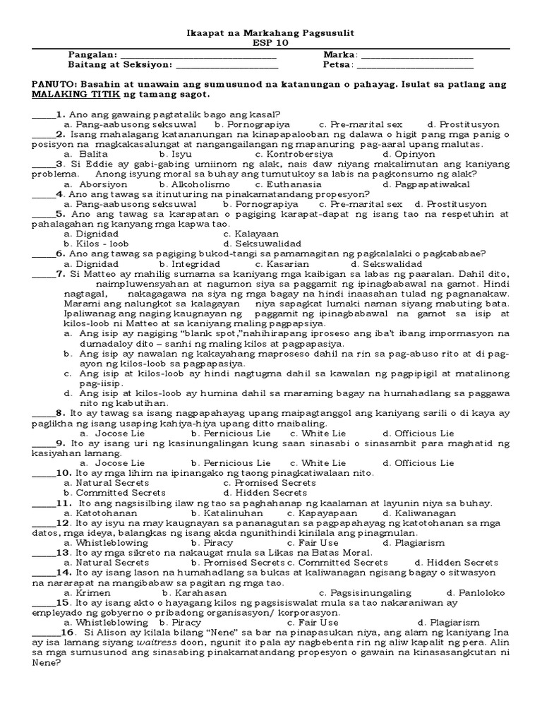 4Q ESP 10 Exam | PDF