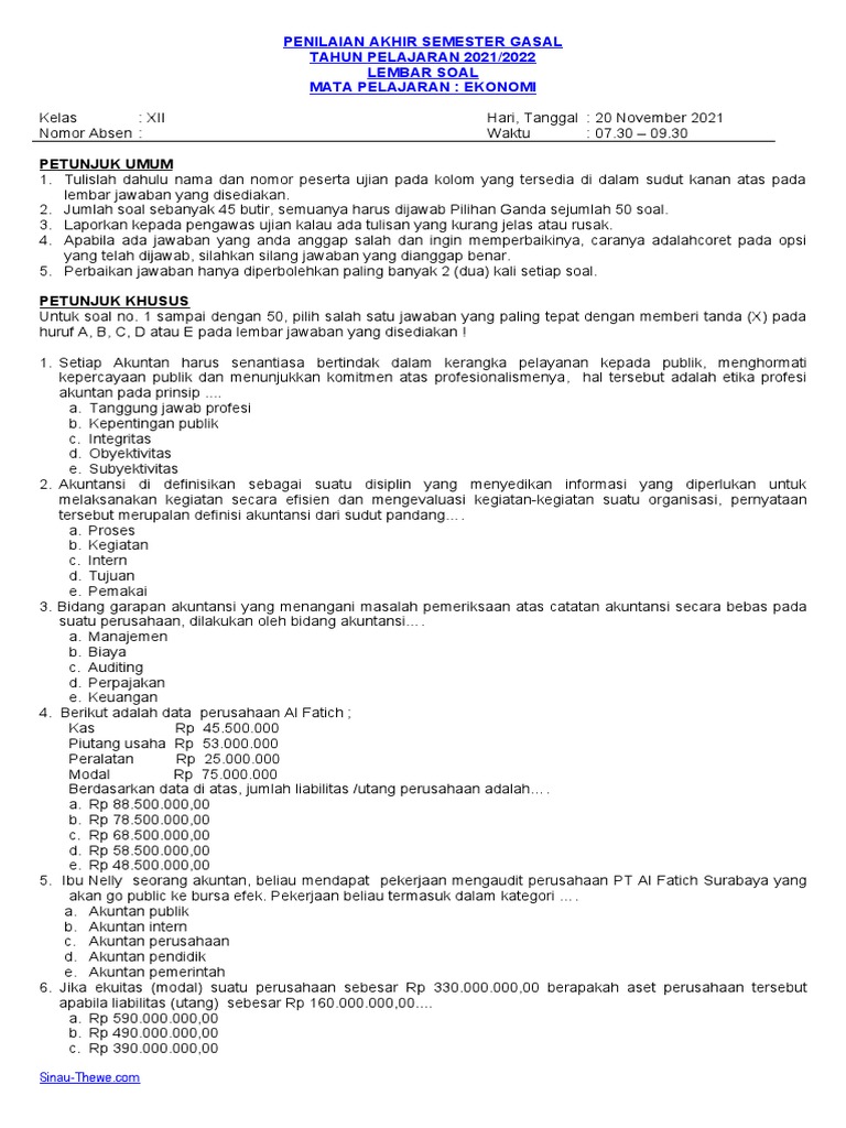 Soal PAS Semester 1 Kelas 12 Ekonomi Tahun 2021 | PDF | Bisnis | Teknologi & Rekayasa