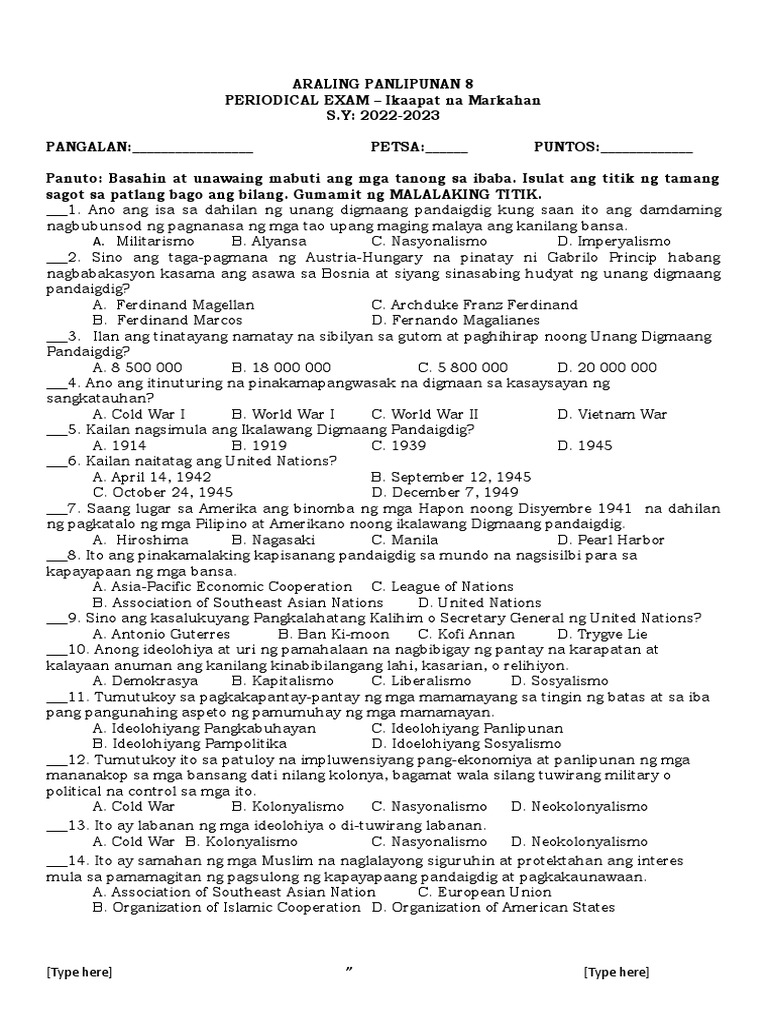 ARALING PANLIPUNAN 8 Exam-Q4 | PDF