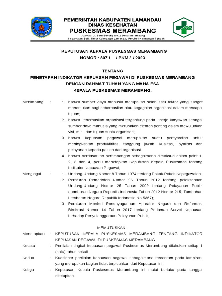 SK Penetapan Indikator Kepuasan Pegawai 2023 | PDF