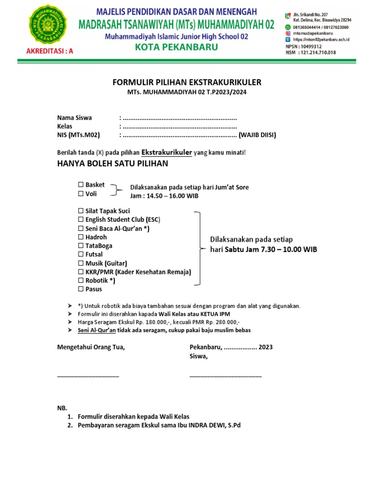 Formulir Ekskul - 2023 | PDF
