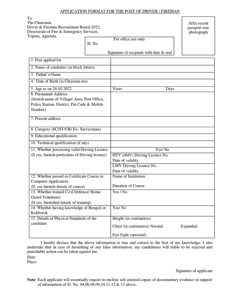 Application Format For The Post of Driver & Fireman | Download Free PDF ...