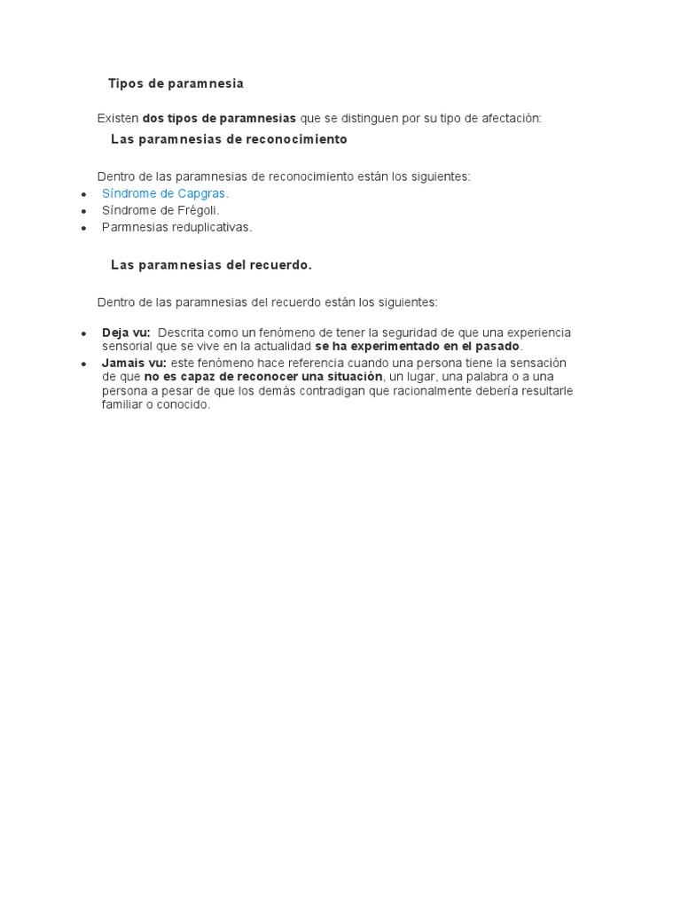 Tipos de Paramnesia | PDF