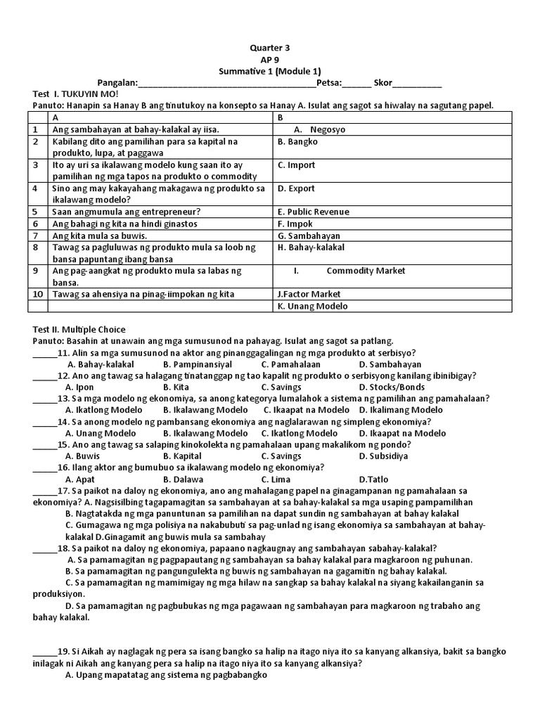 Summative Quarter 3-G9 | PDF