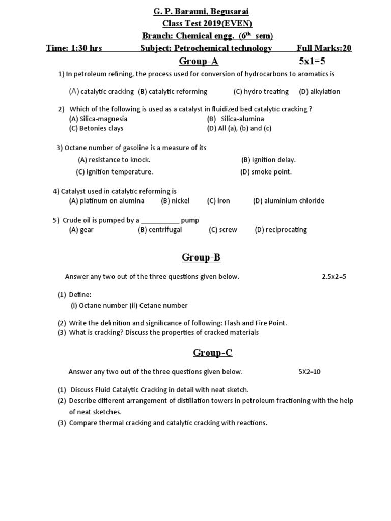 Petrochemical Class Test | PDF