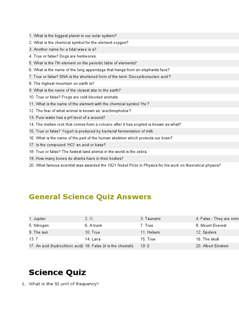 General Science Quiz Questions & Answers | PDF | Nuclear Reactor ...